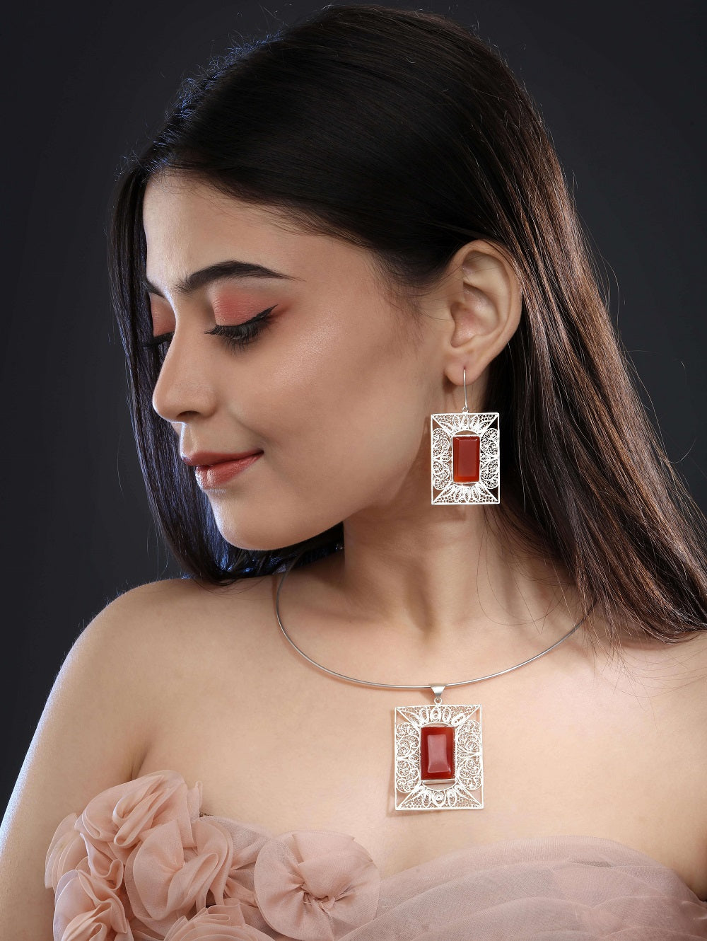 Silver Filigree pendant set | designer collection | Red Agate Pendant ...